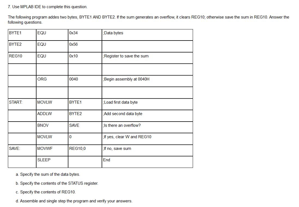 Solved 7. Use MPLAB IDE to complete this question. The | Chegg.com