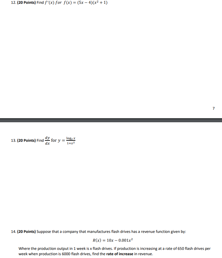 Solved 12.(20 Points) Find f'(x) for f(x) (5x 4)(x2 1) dy | Chegg.com
