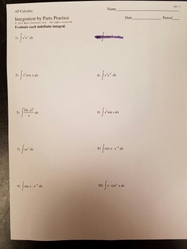Solved AP calcul Integration by Parts Practice Evaluate each | Chegg.com