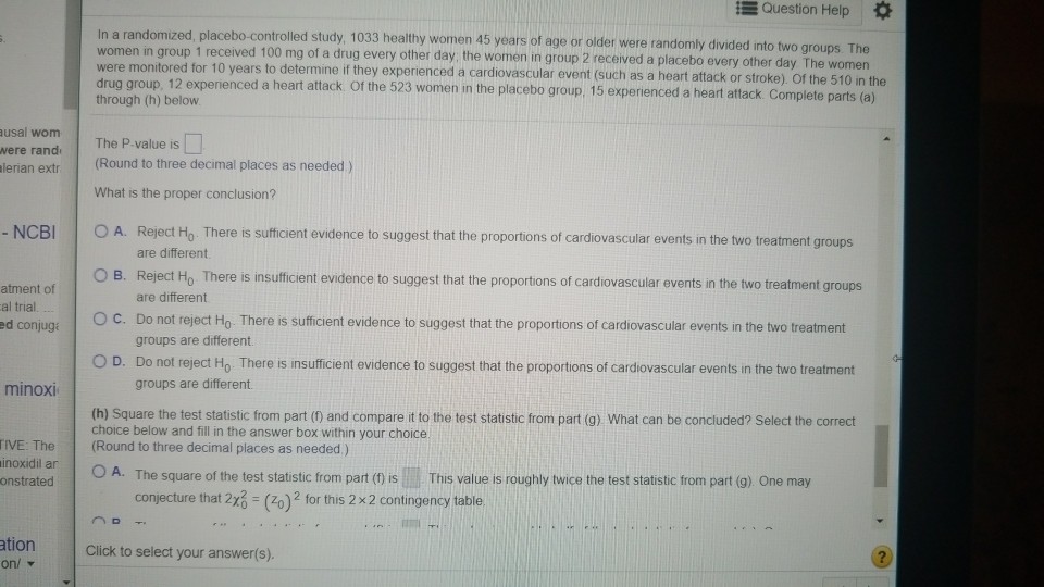 Solved In a randomized, placebo-controlled study, 1033 | Chegg.com