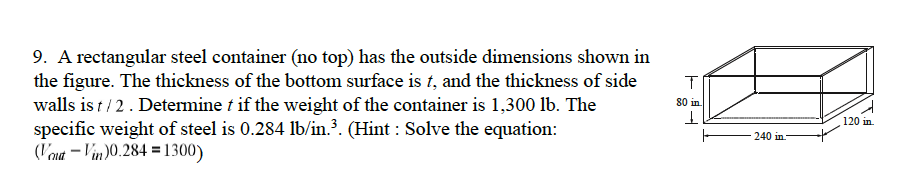 Solved 9. A rectangular steel container (no top) has the | Chegg.com