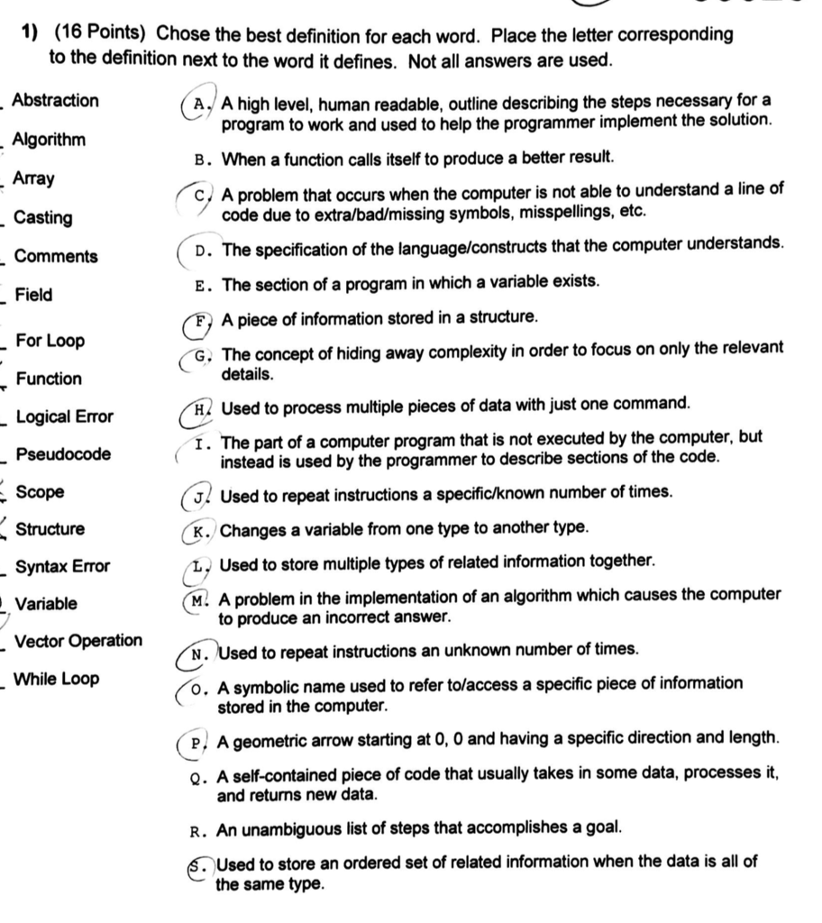 Solved (16 Points) Chose the best definition for each word. | Chegg.com