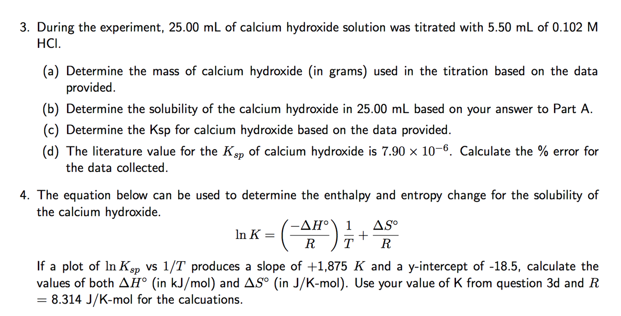 Solved During the experiment, 25.00 mL of calcium hydroxide | Chegg.com