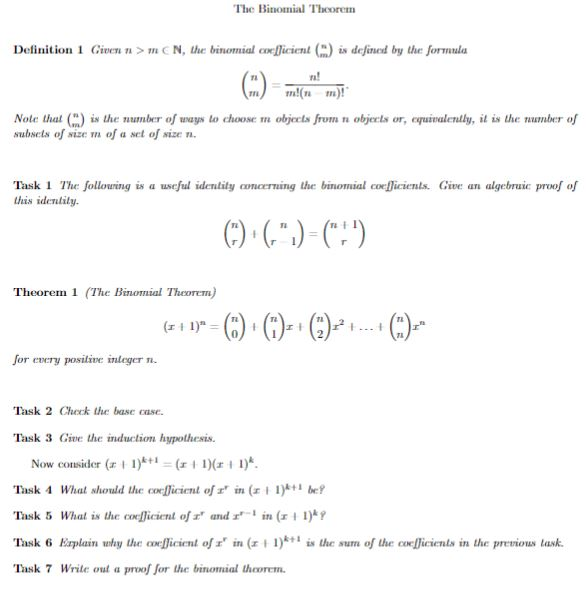 Solved The Binomial Theorem Delinition 1 Given >mCN, the | Chegg.com