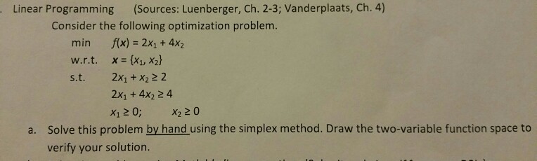 Solved Linear Programming (Sources: Luenberger, Ch. 2-3; | Chegg.com
