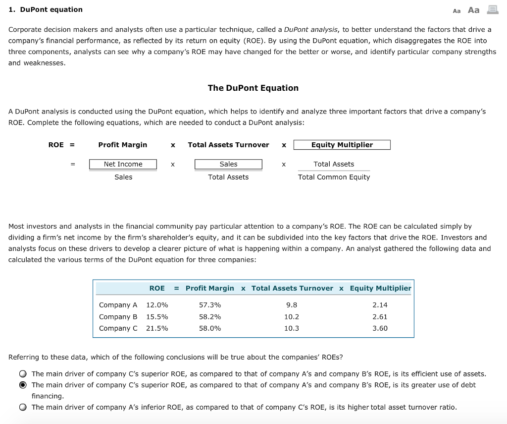 Solved 1. DuPont equation Aa Aa Corporate decision makers | Chegg.com