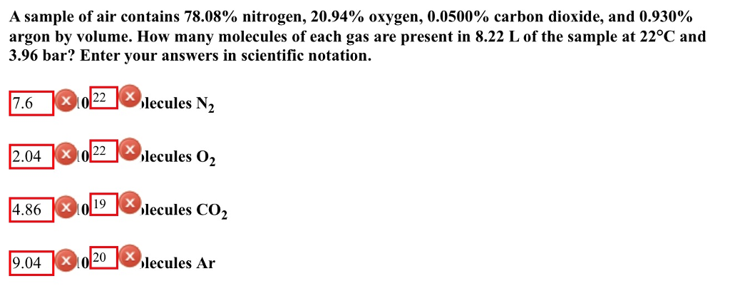 Solved A sample of air contains 78.08% nitrogen, 20.94% | Chegg.com