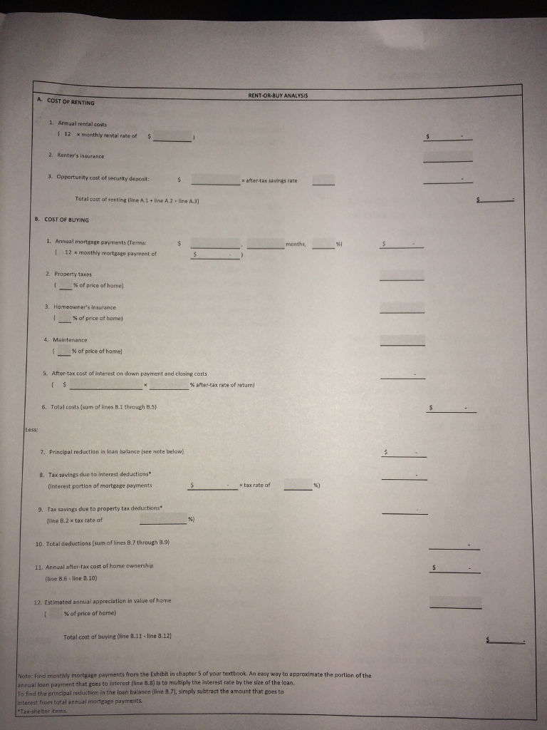 Solved RENT-OR-BUY ANALYSIS A. COST OF RENTING 1. Annual | Chegg.com