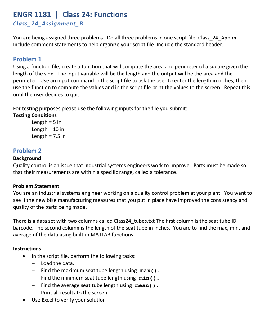 Solved ENGR 1181Class 24: Functions Class 24 Assignment B | Chegg.com