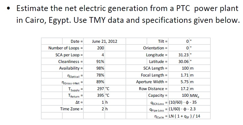 Estimate the net electric generation from a PTC power | Chegg.com