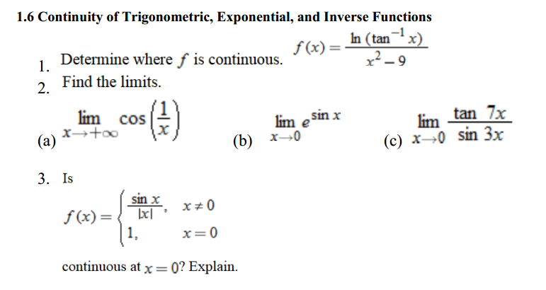 Solved 1 6 Continuity Of Trigonometric Exponential And