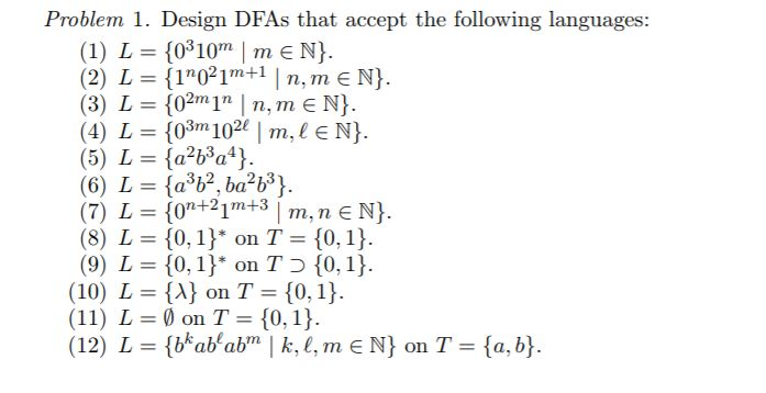 Solved Problem 1. Design DFAs that accept the following | Chegg.com