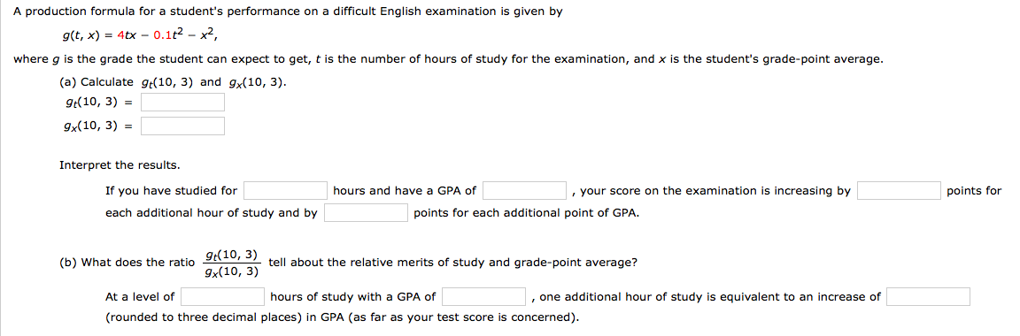 Solved A production formula for a student's performance on a | Chegg.com