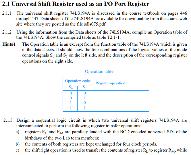 Solved 2.1 Universal Shift Register used as an I/O Port | Chegg.com