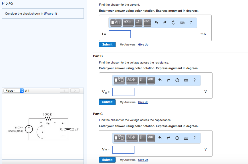 Solved P 5.45 Find the phasor for the current. Enter your | Chegg.com