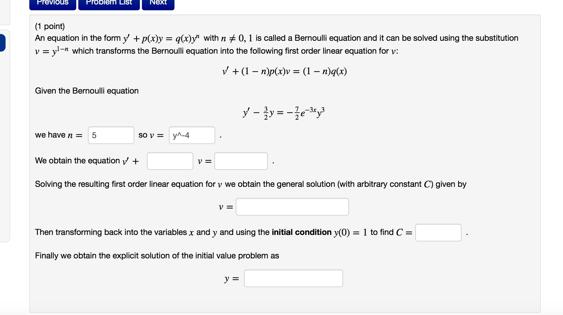 Solved An equation in the form y + p(x)y = q(x)y^n with n | Chegg.com
