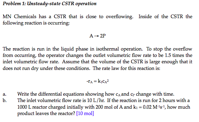 Solved Problem 1: Unsteady-state CSTR operation MN Chemicals | Chegg.com