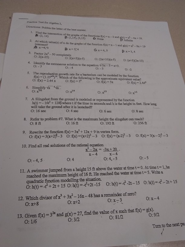 Solved Practice Test for Algebra 2, Directions: Bulbble the | Chegg.com