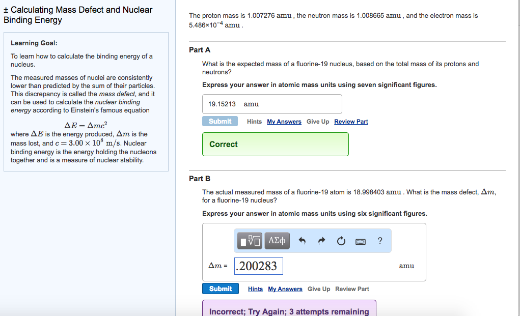 Solved t Calculating Mass Defect and Nuclear Binding Energy | Chegg.com