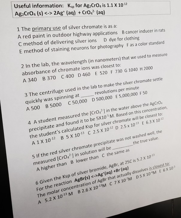 Solved Useful information: Ksp for Ag2CrO4 is 1.1 X 1012 Ag | Chegg.com
