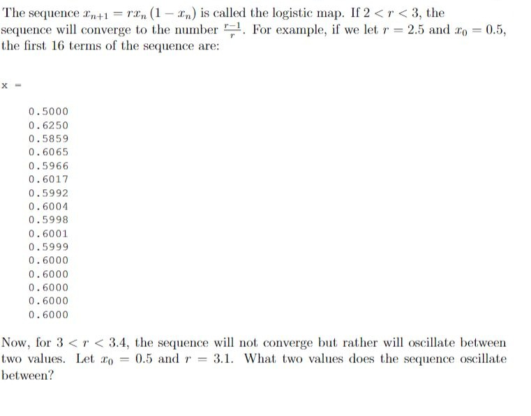 Solved The Sequence An I N 1 N Is Called The Logistic Map