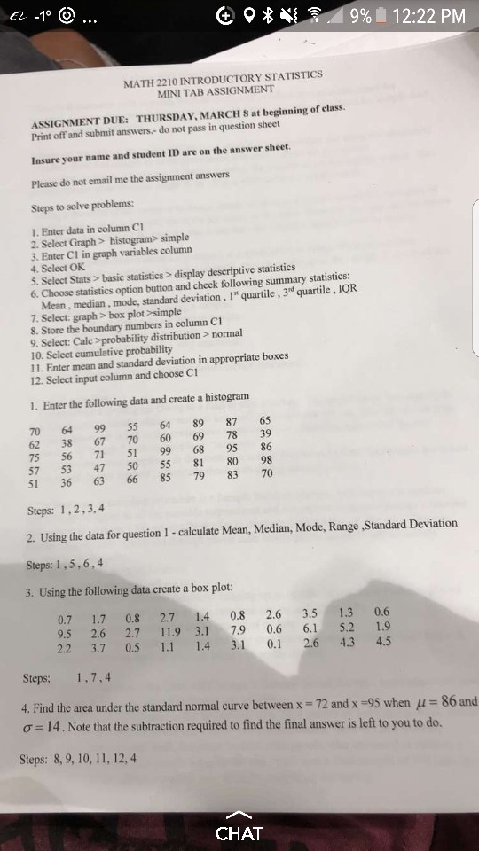 Solved MATH 2210 INTRODUCTORY STATISTICS MINI TAB ASSIGNMENT | Chegg.com