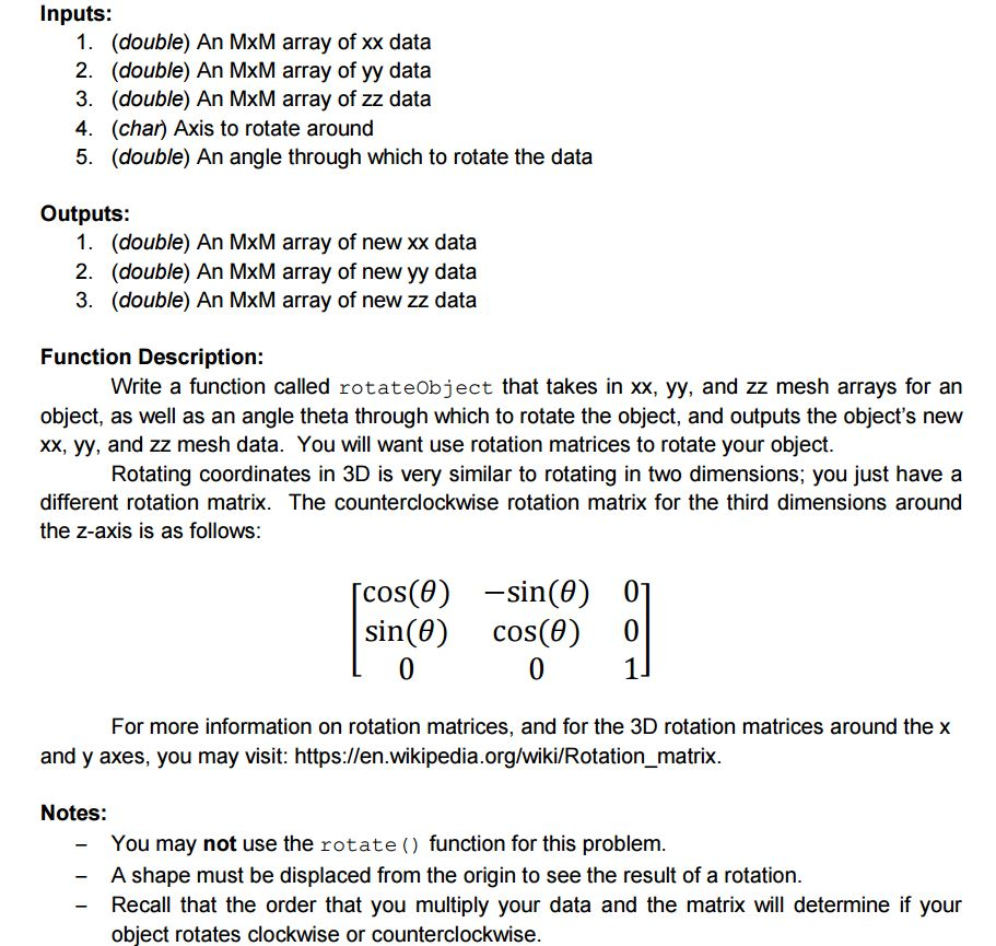 Solved Inputs: (double) An MxM array of xx data (double) | Chegg.com