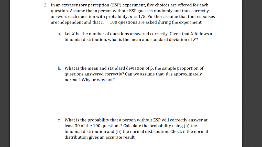 Solved In an extrasensory perception (ESP) experiment, five | Chegg.com