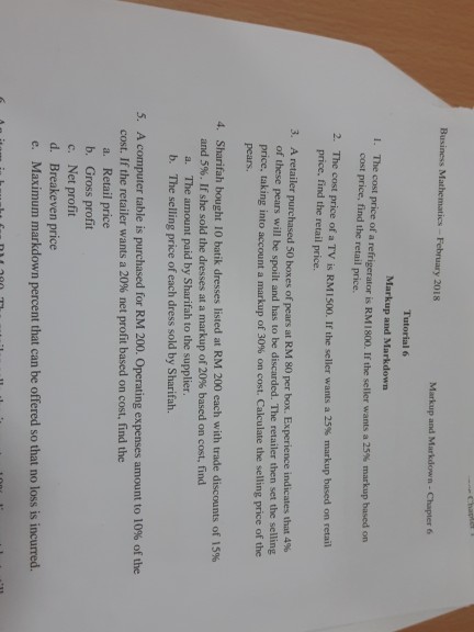 Solved Business Mathematics- February 2018 Markup and | Chegg.com