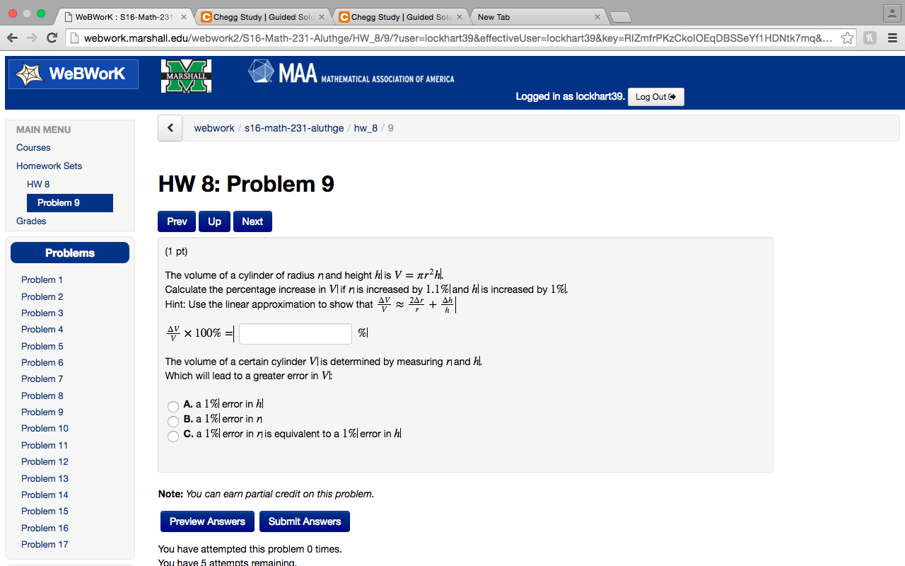 Solved The volume of a cylinder of radius n and height h| is | Chegg.com