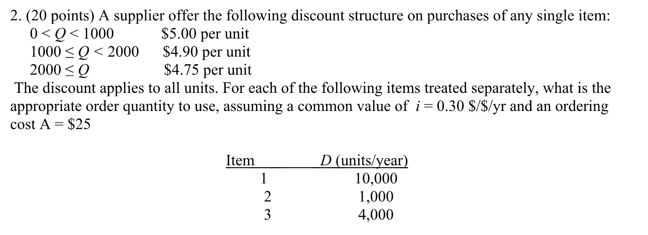 Solved A supplier offer the following discount structure on | Chegg.com