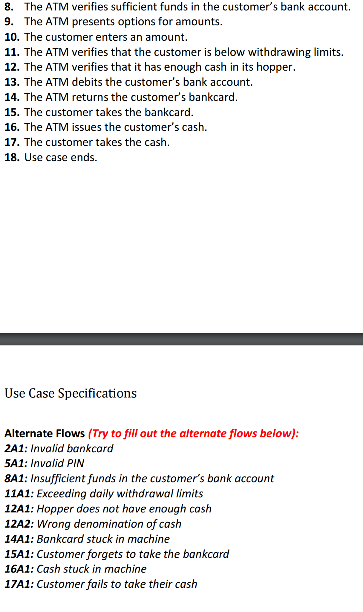 Solved Use Case Specifications Example 2: ATM Machine Use | Chegg.com