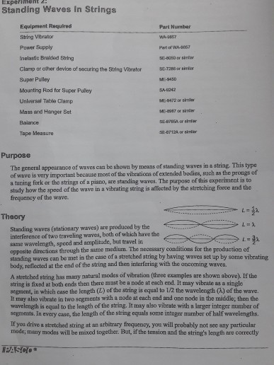 Solved Experiment Standing Waves In Strings Equipment | Chegg.com