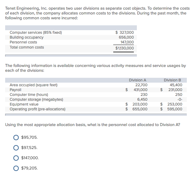 Solved Tenet Engineering, Inc. operates two user divisions | Chegg.com