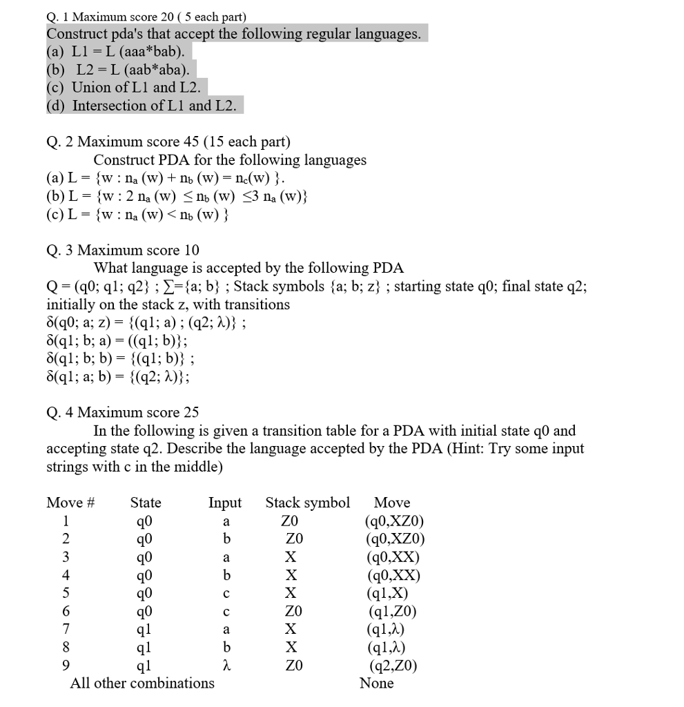 Solved Maximum Score 20 5 Each Part Construct Pdas That 