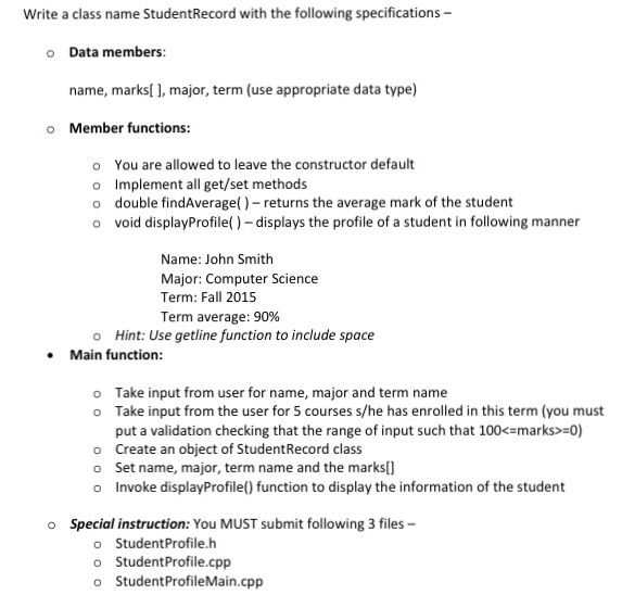 Solved Write a class name StudentRecord with the following | Chegg.com