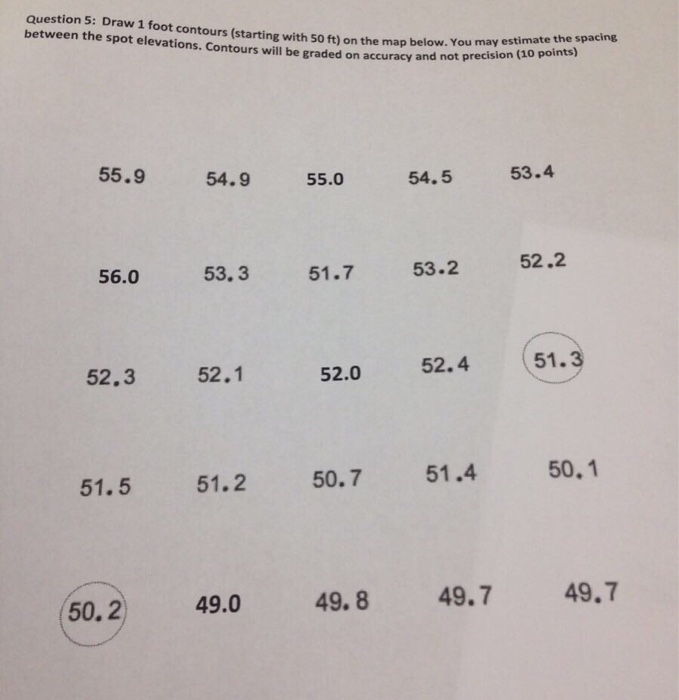 Solved Draw 1 foot contours (starting with 50 ft) on the map | Chegg.com