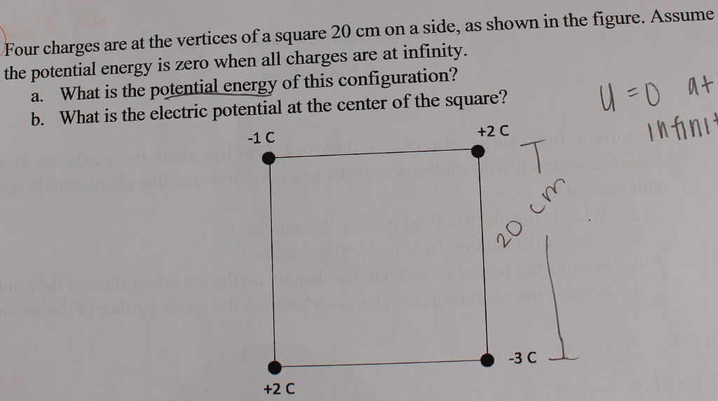 Solved Four charges are at the vertices of a square 20 cm on | Chegg.com