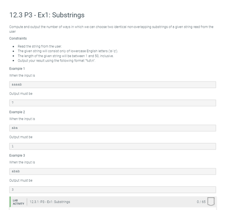 Solved 12.3 P3 - Ex1: Substrings Compute and output the | Chegg.com