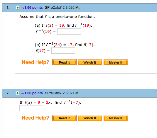 Solved 1. -11.66 points SPreCalc7 2.8.026.MI Assume that f | Chegg.com