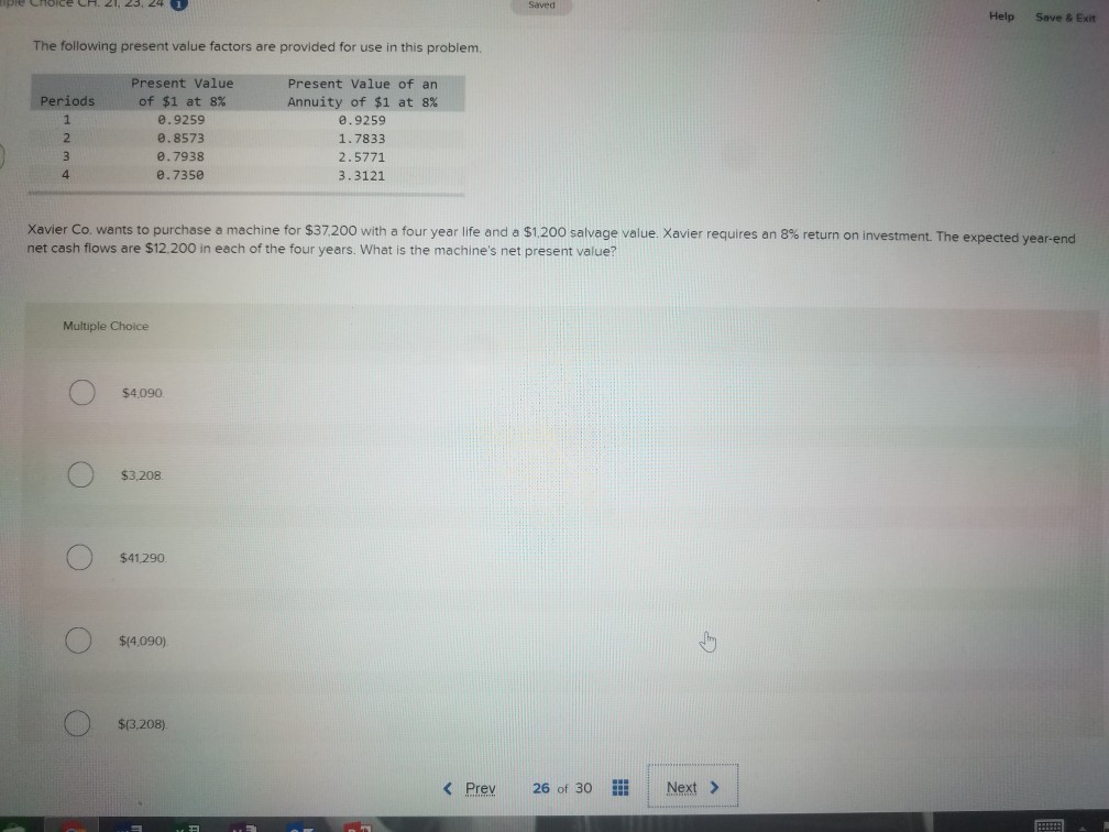 Solved Saved Help Save & Exit The following present value | Chegg.com