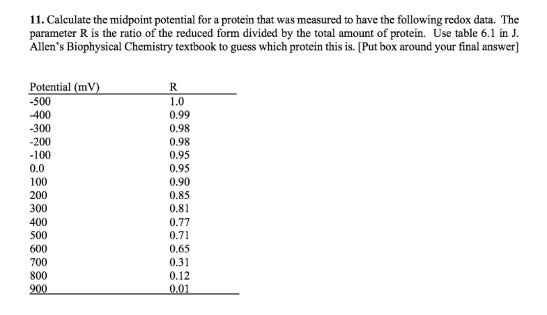 11. Calculate the midpoint potential for a protein | Chegg.com