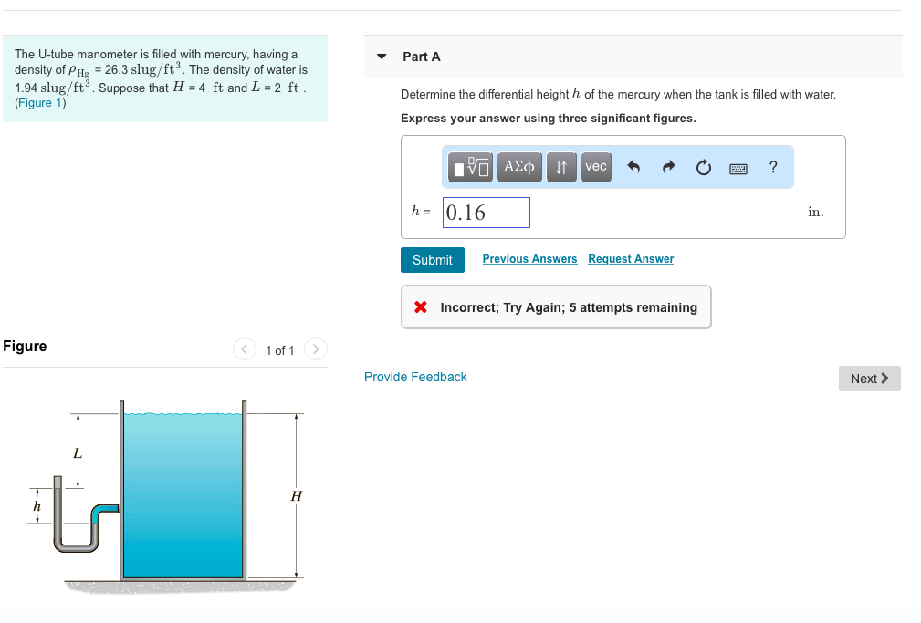 Solved The U-tube manometer is filled with mercury, having a | Chegg.com