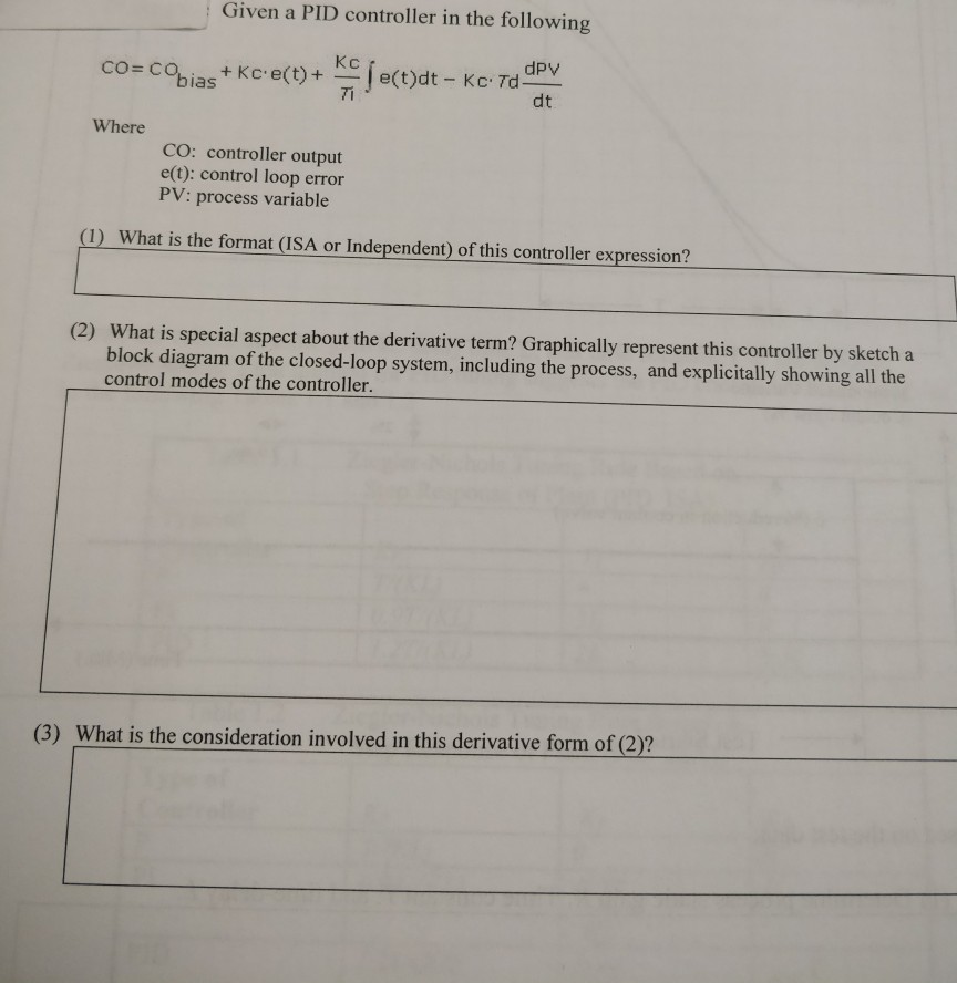 Solved Given a PID controller in the following K c Where CO: | Chegg.com