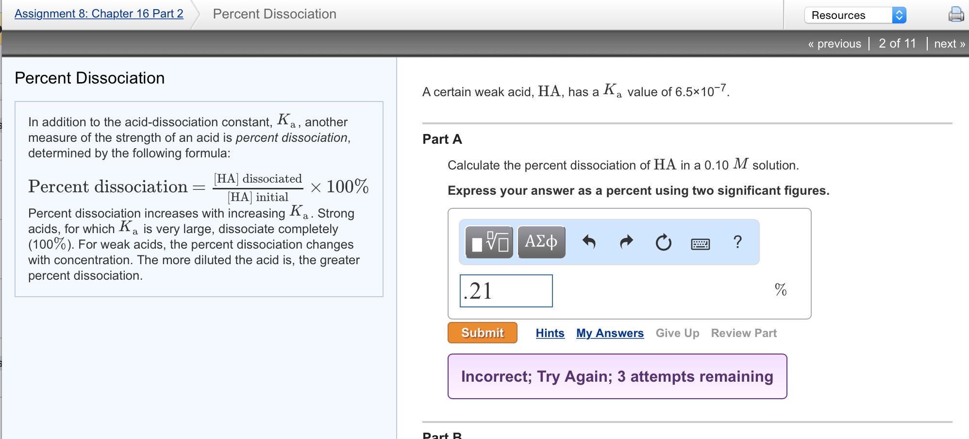 Solved Assignment 8: Chapter 16 Part 2 Percent Dissociation | Chegg.com