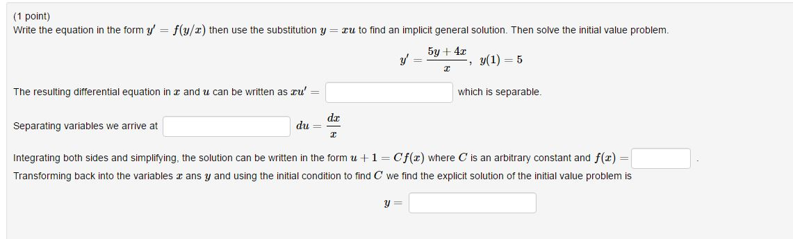 Solved 1 point) Write the equation in the form y' f(u/x) | Chegg.com