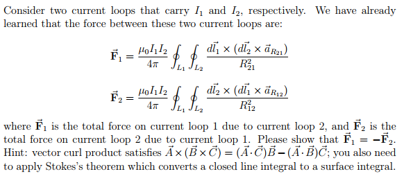 Solved Consider two current loops that carry /1 and I2, | Chegg.com