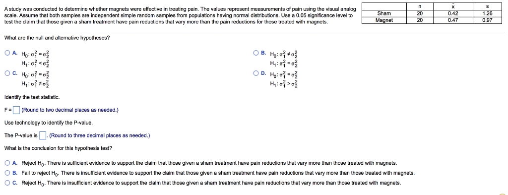 Solved A study was conducted to determine whether magnets | Chegg.com