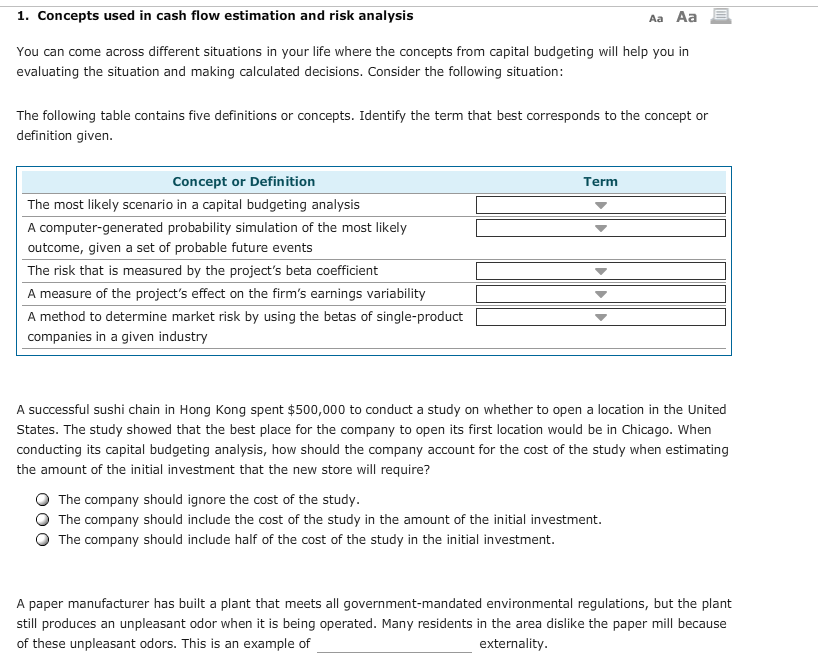 Solved 1. Concepts used in cash flow estimation and risk | Chegg.com