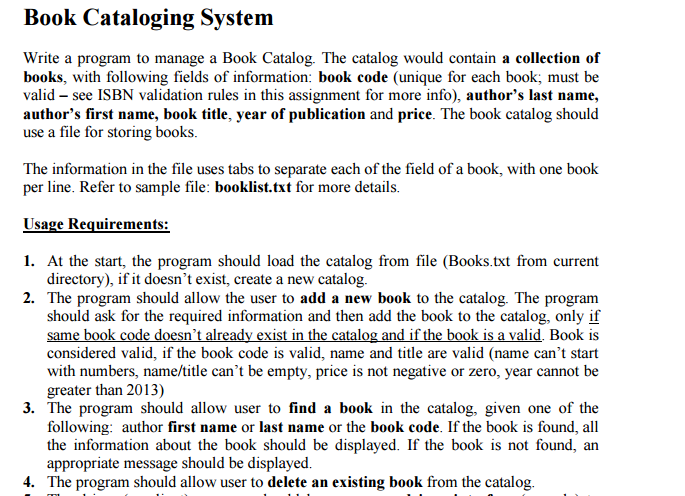 Book Cataloging System Write a program to manage a | Chegg.com